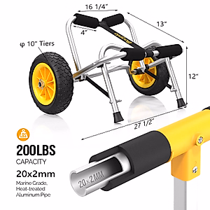 Bonnlo Boat Kayak Canoe Cart Carrier Dolly Trailer Tote Trolley Transport Kayak Accessories Large with 20x2mm Aluminum Pipe Double Kickstands, Inflation Free Solid Tire Wheels, 2 Ratchet Straps