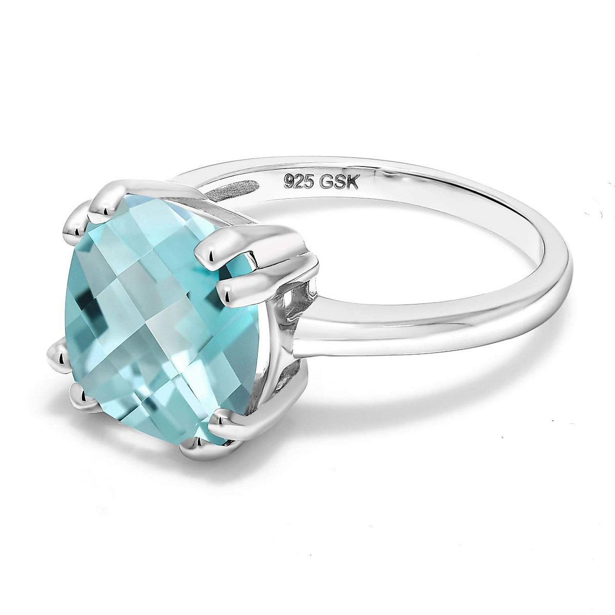Gem Stone King 925 Sterling Silver Sky Blue Topaz Double Prong Ring For Women (4.65 Cttw, Cushion Checkerboard 10MM, Gemstone Birthstone, Available in size 5, 6, 7, 8, 9)