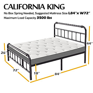 BOSRII California King Bed Frame with Headboard and Footboard, 18 Inches High, 3500 Pounds Heavy Duty Metal Slats Support for Mattress, No Box Spring Needed,Noise-Free, Black