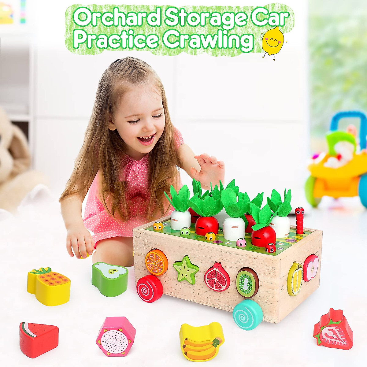 INSOON Montessori Toys for 1 2 3 4 Year Old Boy Girl,Wooden Educational Toy Multifunctional Orchard Car Toys Catching Worm Shape Sorting Carrot Harvest Learning Toys Gifts for Toddlers