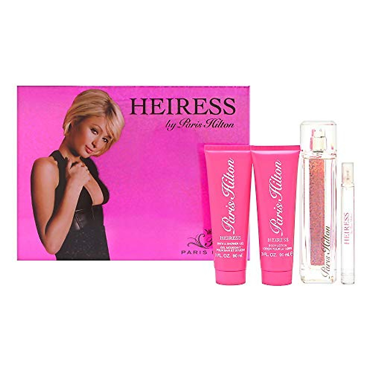 Heiress by Paris Hilton for Women 4 Piece Set Includes: 3.4 oz Eau de Parfum Spray + 0.34 Eau de Parfum Spray + 3.0 oz Body Lotion + 3.0 oz Bath & Shower Gel