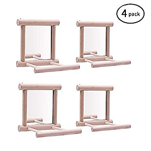 HANZE Bird Mirror with Swing Hummingbird Swing Bird Perches for Parrots Stand Wooden Swing Toy for Macaws Lovebird Cockatoo Parakeet Conure Finch Cockatiels,4 Pack