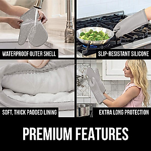 Gorilla Grip Silicone Oven Mitts Set and Silicone Dish Drying Mat, Both in Almond Color, Oven Mitts are Heat Resistant, Drying Mat is Size 16x12, 2 Item Bundle