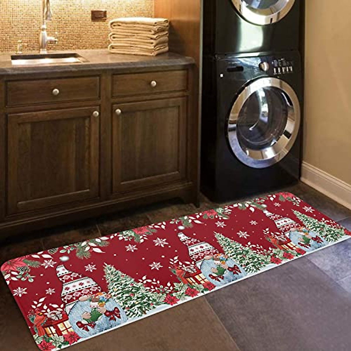 Libaoge Kitchen Mat Rug 1 PCS Christmas Gnome Xmas Tree Flowers Red Background Runner Rug Anti-Fatigue Comfort Memory Foam Standing Mat Non-Slip Floor Door Mat for Bathroom Bedroom 20x63in