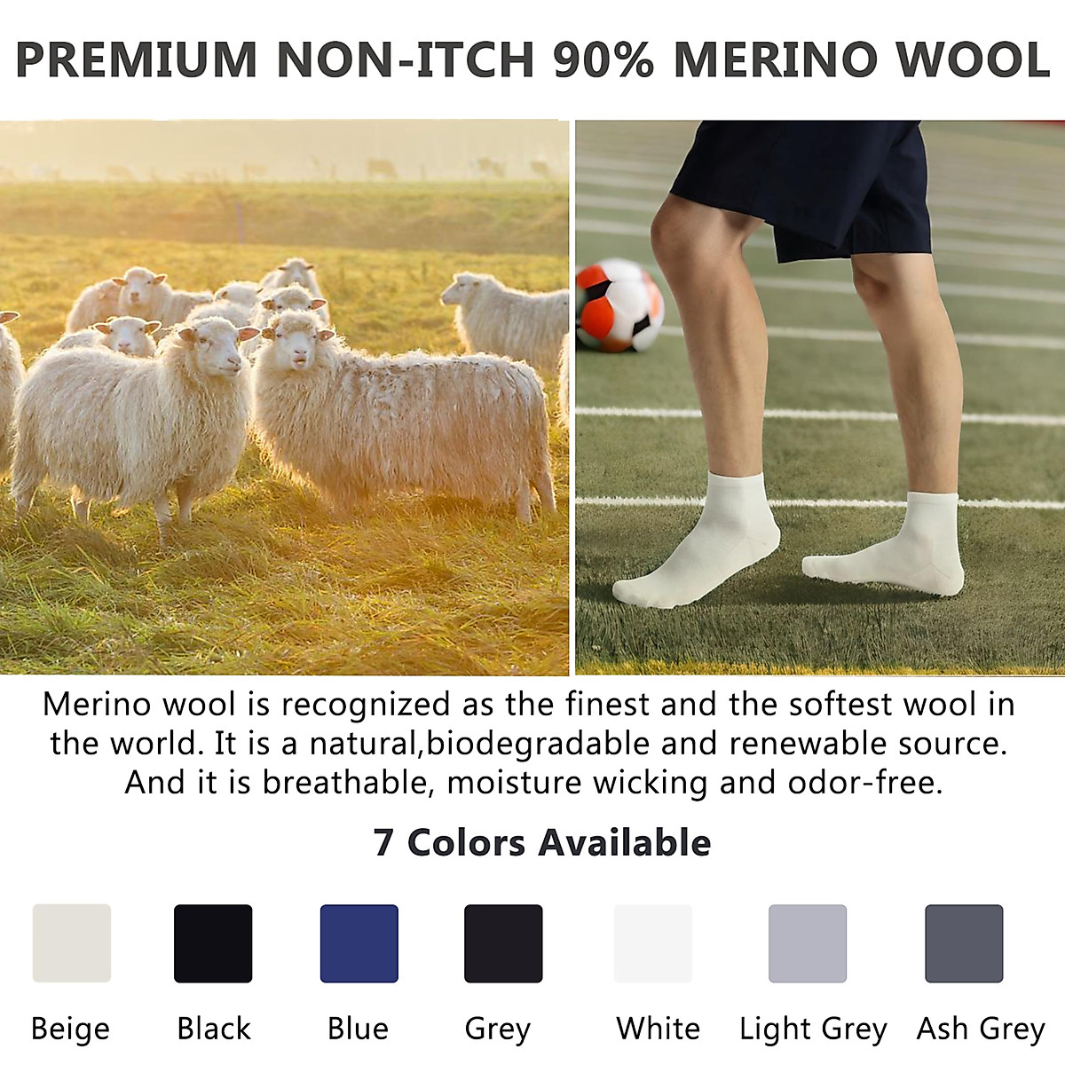 RTZAT 90% Merino Wool Ankle Men's Women's Athletic Business Casual Running Moisture Wicking Everyday Thin Wool Socks, Medium, Ash Grey, 3 Pairs