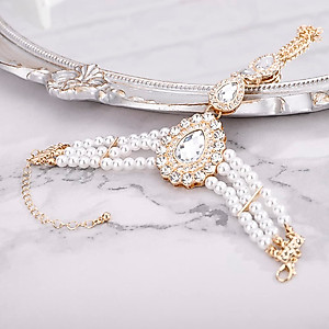 Denifery Vintage 1920S Flapper Pearl Bracelet Rhinestone Finger Ring Link Bracelet Stretch Adjustable Hand Chain for Wedding Brides
