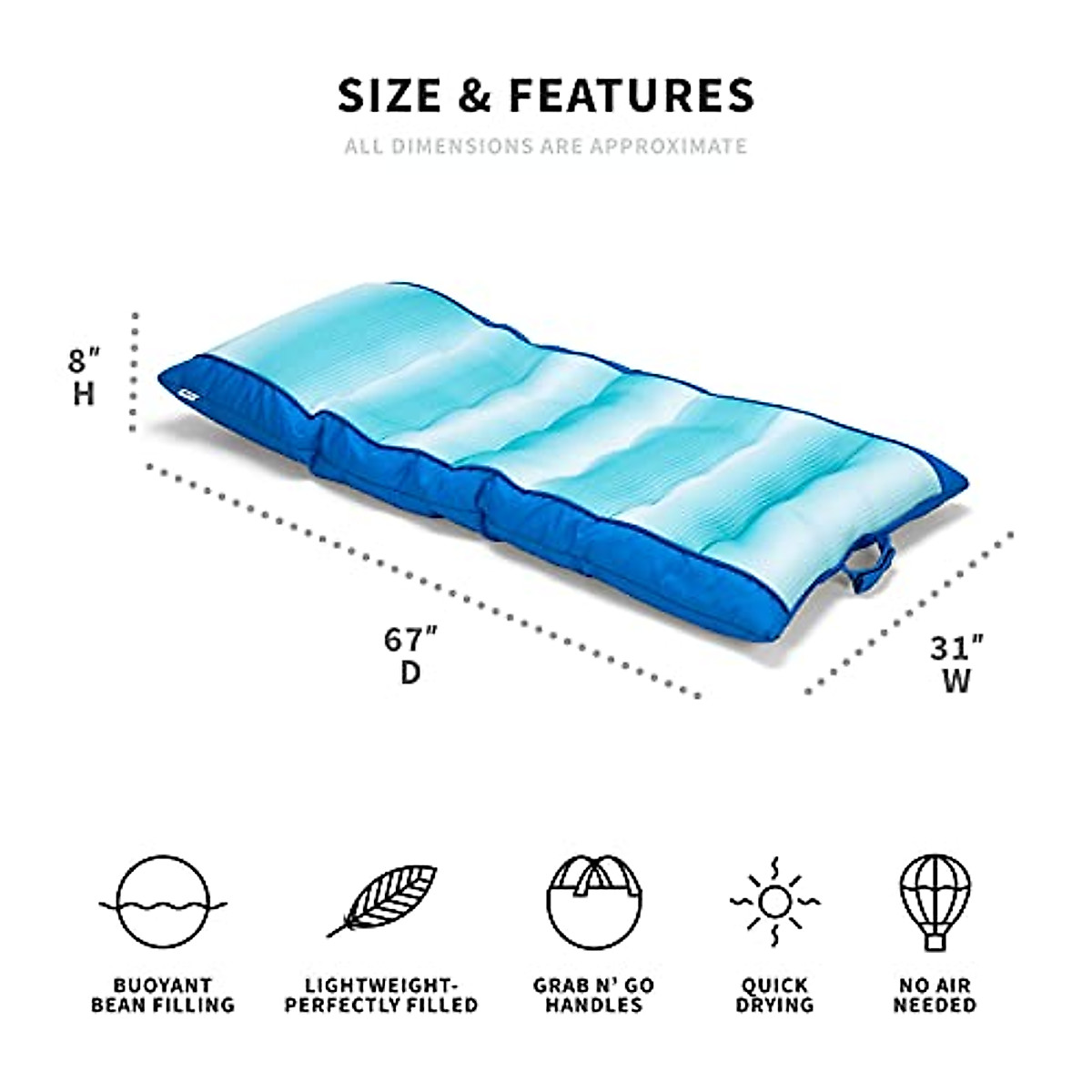 Big Joe Kona No Inflation Needed Pool Lounger with Headrest, Fade Aqua Double Sided Mesh, 5.5ft Big