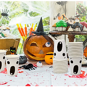 Gift Boutique 50 Halloween Ghost Disposable 9 oz. White Ghosts Face Paper Party Cup Holiday Spooky Trick or Treat Design for Beverage Drinks Drinking Cup Dinner Haunted House Supply Dinnerware Decors