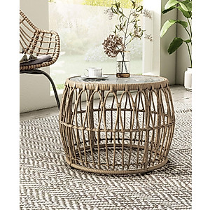 Muse & Lounge Co. Ysar Boho Rattan Round Coffee Table Outdoor with 5mm Tempered Glass Top, All-Weather and Rust Resistant Patio Furniture