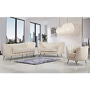 Meridian Furniture Margo Collection Modern | Contemporary Velvet Upholstered Loveseat with Deep Channel Tufting and Rich Gold Stainless Steel Legs, Cream, 65" W x 30" D x 33" H