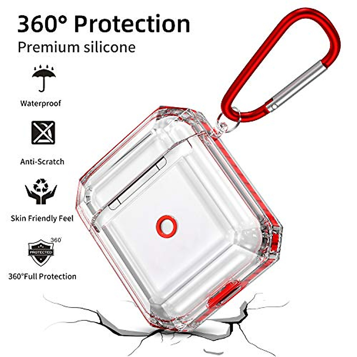Fitlink Case for AirPods 2&1, Anti-Scratch Shock-Absorption Soft TPU Crystal Clear Case Cover for Apple AirPods 2&1 in Charging Case with Carabiner (AirPods with Wireless Charging Case, Red)