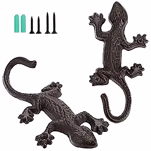 Laxioriew Pack of 2 Vintage Cast Iron Gecko Wall Decorative Hook with Screws, Heavy Duty Rustic Wall Garage Hook House Lizard Retro Wall Animal Hanger Hook for Robes, Towels, Coats, Bags and Cloths