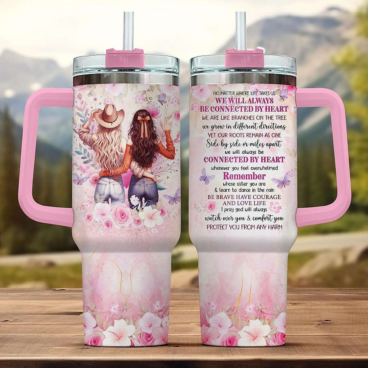 99OWL Tumbler 40 Oz With Handle Lid And Straw, Bestie No Matter Floral, Coffee From For Modern Handle Cups Women Funny Simple Butterfly Stainless Tumblers Rose