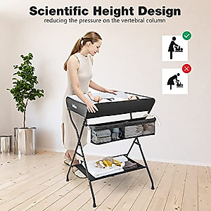 INFANS Baby Changing Table, Folding Diaper Station Portable Nursery Organizer with Safety Belt and Large Storage Racks for Newborn Baby and Infant (Black)