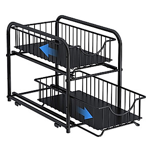 AIYAKA under sink storage 2 Tier Stackable Sliding Basket Organizer Drawer For Kitchen And Bathroom/Cabinet Drawers,2-piece,black