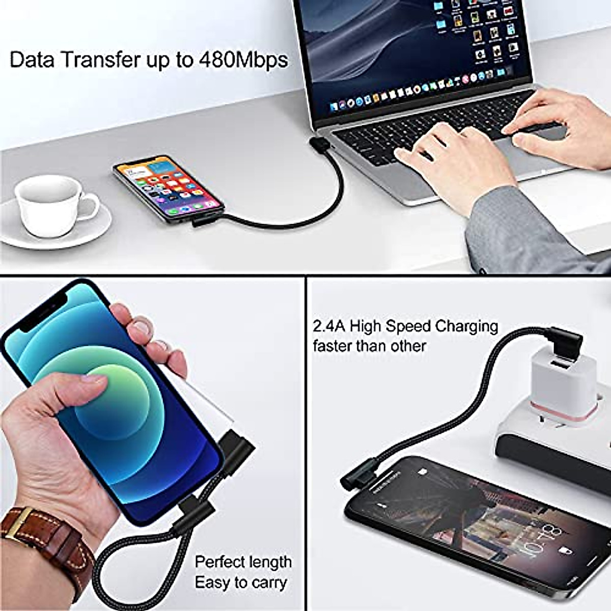 Osecet iPhone Charger 1ft 90 Degree Elbow 5 Pack MFi Certified Right Angle Lightning Cable 1 Foot Braided iPhone Charging Cable for iPhone 13 12 11 Pro X XS XR 8 Plus 7 6 5(Black,1 Feet)