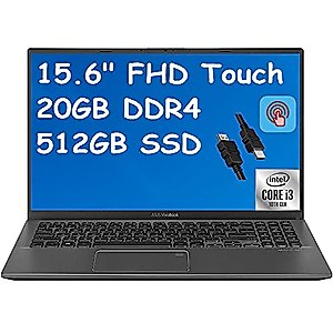 ASUS VivoBook 15 Thin and Light Laptop 15.6" FHD Touchscreen Display 10th Gen Intel Core i3-1005G1 (Beat i5-8250U) 20GB RAM 512GB SSD Fingerprint Webcam Win10 + HDMI Cable