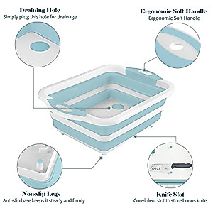 Rottogoon Collapsible Cutting Board, Foldable Chopping Board with Colander, Multifunctional Kitchen Vegetable Washing Basket Silicone Dish Tub for BBQ Prep/Picnic/Camping(Light Blue)