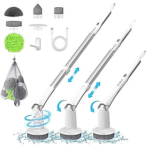 600RPM Electric Spin Scrubber, BIUBLE Cordless Cleaning Brush with Adjustable Long Handle, 5 Upgrade Replaceable Brush Heads & Velcro, Bathroom Shower Cleaning Scrubber for Bathtub Grout Tile Floor