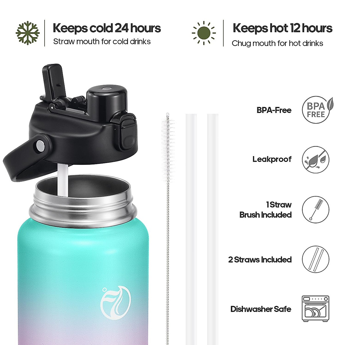 Half Gallon Insulated Water Bottle with 2-in-1 Lid (Chug Lid/Straw Lid), 64oz Double Walled Vacuum Stainless Steel Water Bottles, Water Jug with Straw, Wide Mouth Insulated Thermos