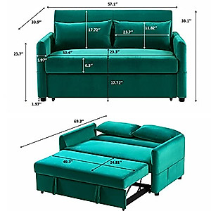Gynsseh Convertible Sleeper Sofa Bed, 3 in 1 Pull Out Sofa Sleeper with Pillows and Side Storage Pocket, Soft Velvet Love Seat Lounge Sofa Bed for Living Room, Teal, from Twin to Full Size