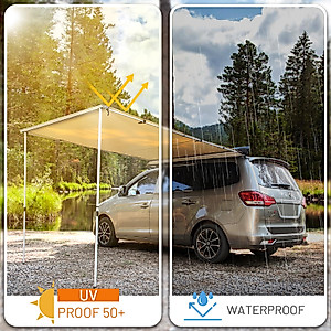 TIMBER RIDGE Car Awning Camper Awning 8.2X6.5ft Truck Awning Overland Camping, Retractable Side Awning Waterproof PU10000mm UV50+ Rooftop Awning Tent Shade for Car/SUV/Truck/Van, Beige