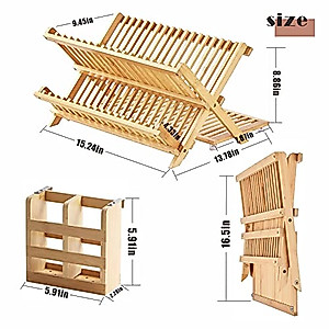 ZROOY Bamboo Dish Drying Rack with Utensil Holder Set,3-Tier Collapsible Wood Dish Drying Rack for Kitchen,Folding Bamboo Drying Rack with Utensils Flatware Holder,Space-Saving Storage with Foldable