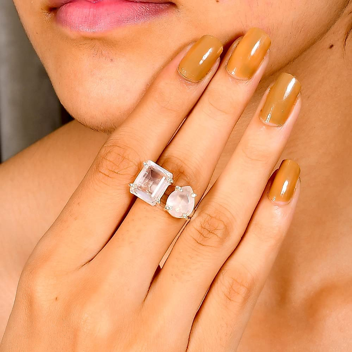 AUDRIELLE 925 Sterling Silver Ring, Rose Quartz Cushion Shape Handmade Gemstone, Adjustable