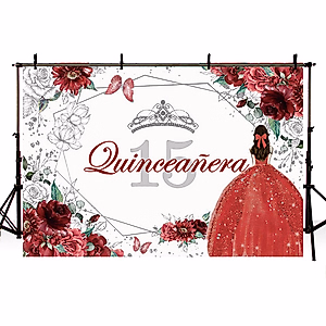 Sendy 10x7ft Quinceanera 15th Birthday Backdrop for Sweet Girl Mis Quince Anos 15th Birthday Party Decorations Red Silver Glitter Floral Crown Butterfly Banner Photography Background Cake Table Props