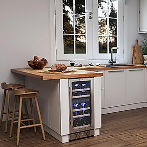 Empava Chiller 15 inch Mini Double Fridge Built in or Freestanding Wine Cooler Stainless Steel Glass Door Quiet Operation Compressor Adjust Temperature, 29 Bottles Dual Zone, Silver