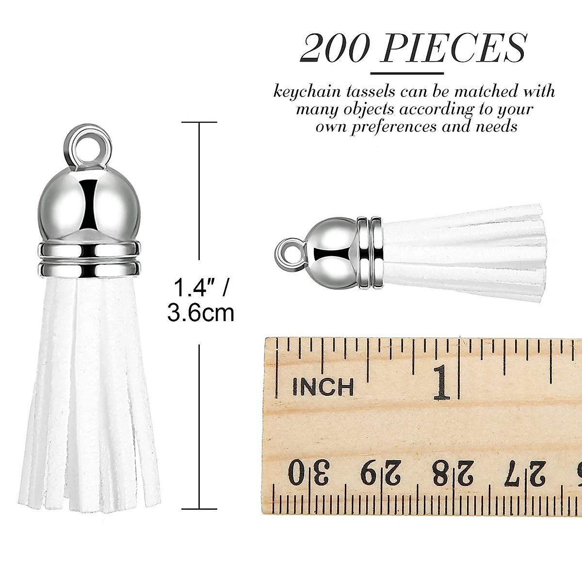 200 Pieces Keychain Tassels Faux Suede Leather Tassel Pendants Keychain Decoration Tassels with Loop for DIY Crafts Making Supplies (White)