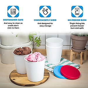 LIN Ice Cream Containers 4-Pack - 1Quart Reusable Round Storage Tubs for Homemade Ice Cream, Dessert, Gelato, Sorbet, 2 Red & 2 Blue Silicone Lids - Non-BPA Plastic Containers - Dishwasher-Safe - No Freezer Burn