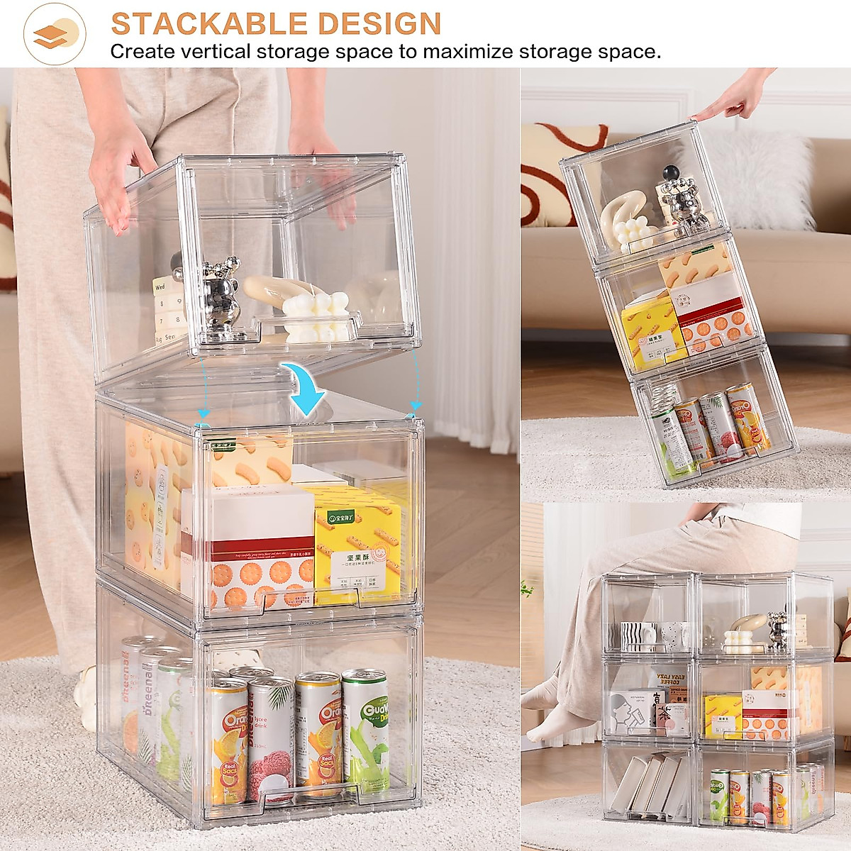 DILIBRA 2 Packs Plastic Stackable Storage Organizer Bins with Pull Out Drawer, Large Clear Acrylic Storage Drawers Container Boxes for Fridge Pantry Shelf Clost Refrigerator Organization and Storage