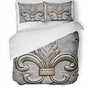 Flowers Fleur De Lis Duvet Cover Set Queen Include 1 Duvet Cover 2 Pillowcases Vintage Flower Iron Tin Antique Ornate Rustic Sign Wooden Comforter Cover Microfiber Soft Bedding Sets