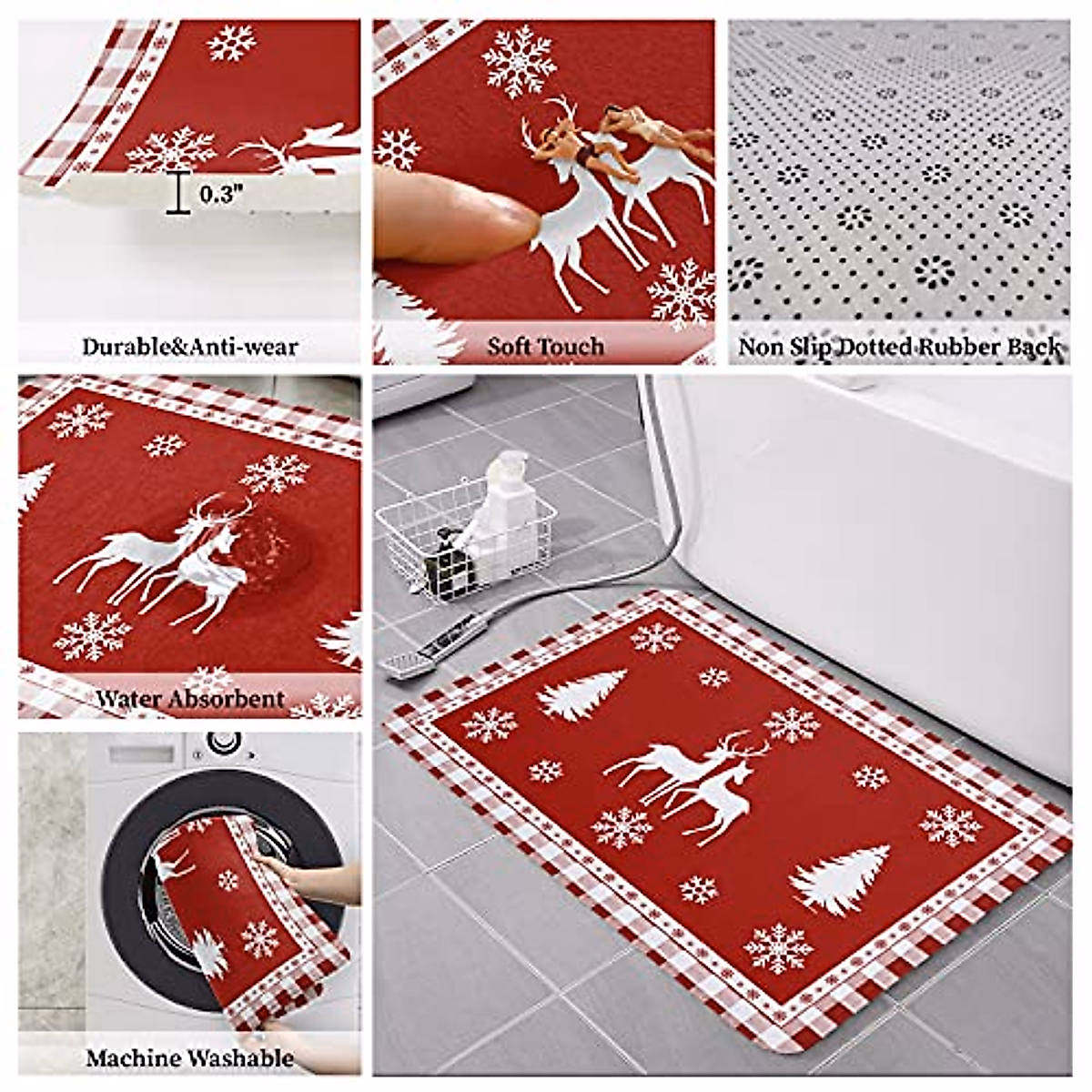 Christmas Bath Rugs Elk Deer Snowflake Sponge Doormat Absorbent Non Slip Backing Durable Soft Flannel Mat Reindeer Red Buffalo Plaid Christmas Memory Foam Mats for Bathroom Kitchen 18 x 30 inches