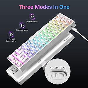 TECURS 65% Wireless Gaming Keyboard, 68 Keys RGB Backlit Ultra Compact Mechanical Feeling Keyboard - Red Switch, 2.4G/Type-C/Multi-Device Bluetooth Keyboard for PC Mac Windows Gamer