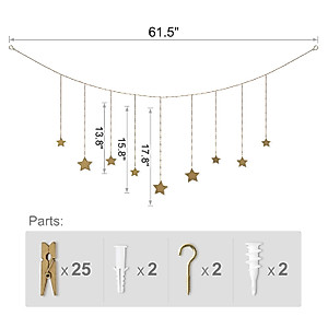 Mkono Hanging Photo Display Boho Decor Wooden Stars Garland with Metal Chains, Pictures Cards Holder with 25 Wood Clips, Wall Art for Room Bedroom Dorm, Teen Girl Gift Ages 12 13 14 Years Old, Gold