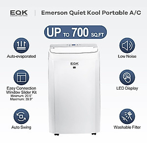 Emerson Quiet Kool 14000 BTU ASHRAE/10000 BTU DOE 115V Portable Air Conditioner with Dehumidifier and Remote Control, AC for Apartment, Bedroom, Medium/Large Rooms up to 550 Sq. Ft. in White