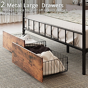 LIKIMIO Canopy Bed Frame Queen with Wooden Headboard and Drawer, Queen Size Bed Frame with 4 Removable Sturdy Posts, Noise Free, No Box Spring Needed, Rustic Brown