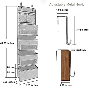 2 Pack Behind The Door Storage Organizer with 5-Shelf, Wall Mount Clear Windows, & 4 Metal Hooks for Pantry, Nursery, Bedroom, Bathroom, Kitchen, Closet, Dorm (Grey), 49.2'' (H)x12.2'' (W)x5.5'' (D)