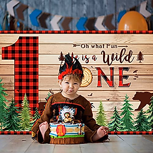 Lumberjack Backdrop Banner Wild One Baby Shower Forest Background Boys 1st First Birthday Photography Photo Prop Red Black Buffalo Plaid Lumberjack Themed Party Decoration 6 x 3.6 Feet