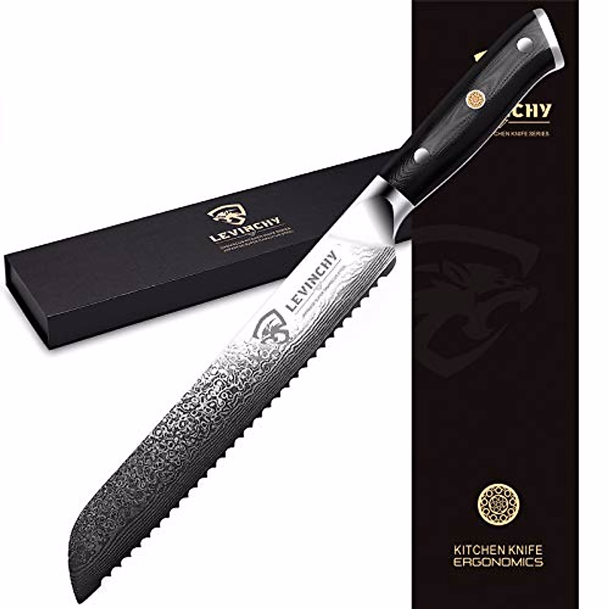 LEVINCHY Bread Knife 8 inch Professional Japanese Damascus Stainless Steel with Black Premium G10 Handle, Ergonomic Pro Kitchen Knife, Superb Edge Retention, Stain & Corrosion Resistant