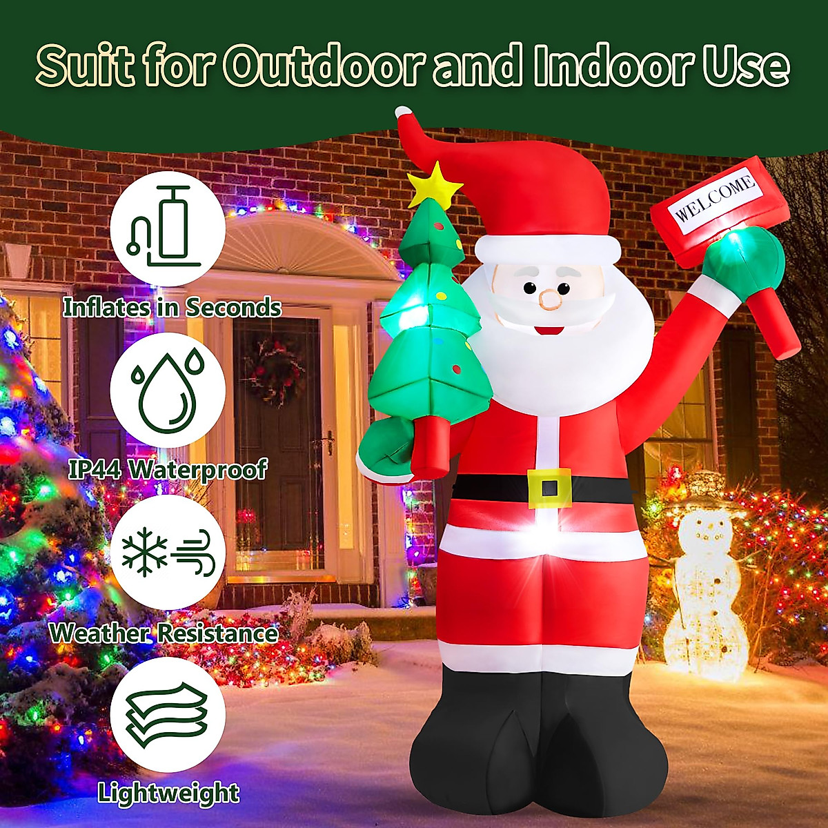 6FT Christmas Inflatables Santa Claus with Welcome Sign and Tree, Outdoor Christmas Holiday Decorations Clearance Blow Up Santa with Built-in 4 LED Lights for Home Party Yard Lawn, Housen Solutions