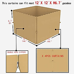 PROTUNE OUTDOORS 12-ft x 12-ft Gazebo Curtains,Privacy Sidewall Set 4-Panel Universal Replacement Shade Curtains Set,Protecting Side Walls (Only Curtain)-Khaki