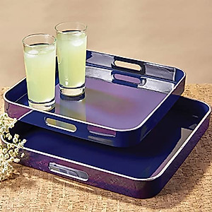 Trina Turk Set of 2 Navy Square Melamine Serving Tray with Silver Rim and Handles- Indoor & Outdoor Platter for Home Entertaining, Cocktail Hour, Snacks, Barware, Perfume (Large 14x14, Small 13x13)