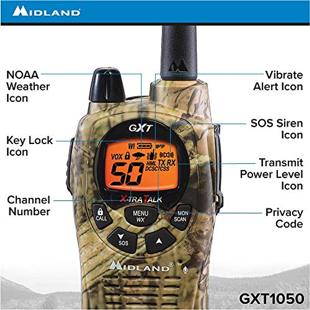 Midland GXT1050VP4 Long Range Walkie Talkie - 50 Channel GMRS Two Way Radio (Mossy Oak Camo, 4 Radios)