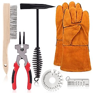 Swpeet 7Pcs 10 Inch Scratch Wire Brush Welding Hammers Slag Removal Tool with Metal Sheet Thickness Gauges, 8 Inch Welding Plier and 10 Inch Welding Chipping Hammer with Steel Coil Spring Handle