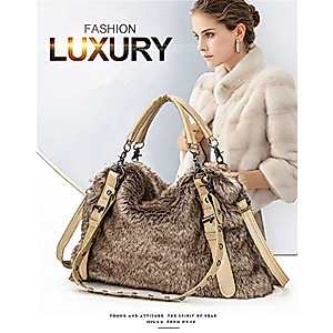 QTMY Brown Faux Fur Tote Crossbody Bag Purse Handbag for Women
