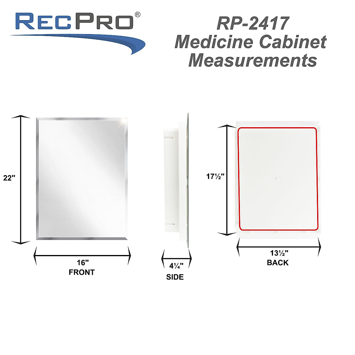 RecPro RV Bathroom Medicine Cabinet | 16” W x 22” H | Two Shelves | Frameless Polished Edge Mirror | Made in USA | White