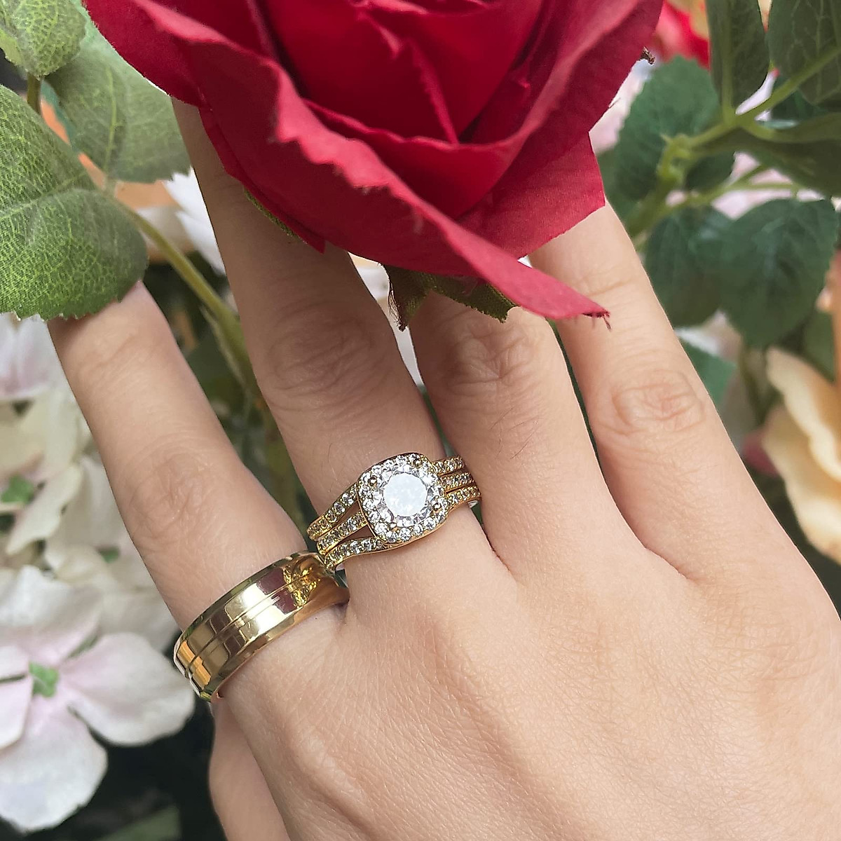 YOYEEWYNS Couples Rings His Hers Women's Halo CZ Engagement 18K Gold Filled Bridal Ring Sets & Men's Titanium Wedding Band 8&7